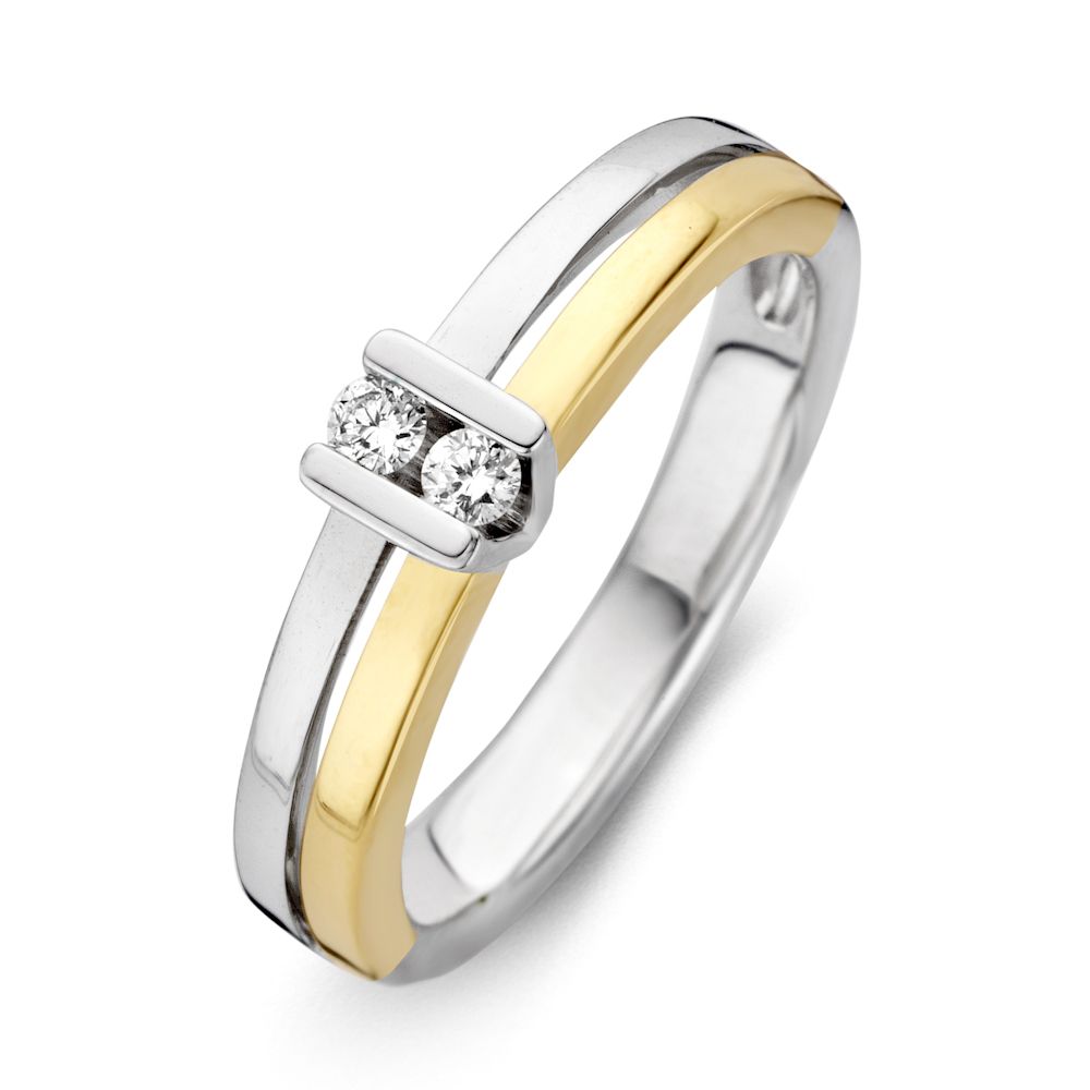 Ring Goud - Bicolor ring twee banen met rail zetting twee briljantjes